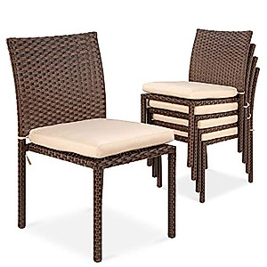 Best Choice Products Set of 4 Stackable Outdoor Patio Wicker Chairs w/Cushions, UV-Resistant Finish, and Steel Frame - Brown/Cream
