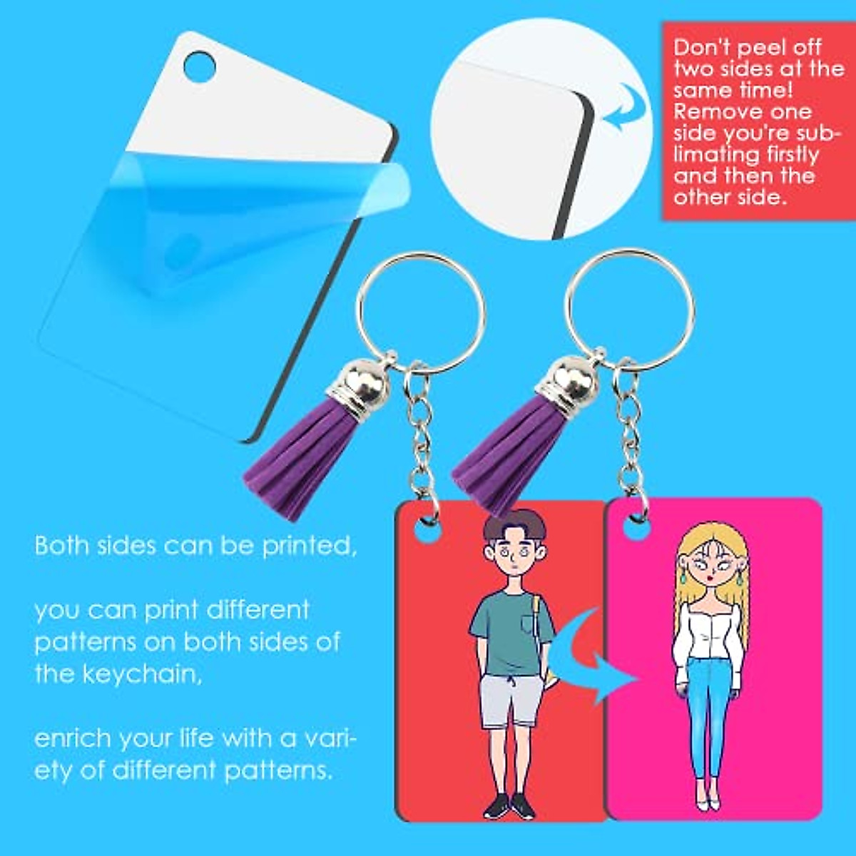 HTVRONT Sublimation Keychain Blanks Bulk - 120Pcs Sublimation Blanks Keychain with Blue Protective Film - MDF Rectangle Keychain with Tassels - Heat Transfer Keychain Blanks Double Sided