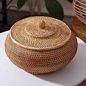 KODENG Round Rattan Boxes with Lid Hand-Woven Multi-Purpose Wicker Tray 11 Inch Picnic Food Bread Table Storage Basket (28x13cm)