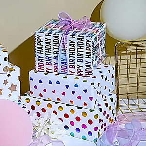 Gift Wrapping Paper Birthday, 6 Sheets Metallic Foil Wrapping Paper Set Colorful Gold Heart Dots Star Happy Birthday Wrapping Paper for Women Men, Gift Wrapping Paper for Any Occasions, 27x19 Inches