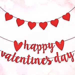 MOMOHOO Happy Valentines Day Banner - Valentine's Day Decor Red Glittery Heart Garland, Valentines Day Decorations Heart Banner Valentines Day Garland, Valentines Day Photo Prop for Mantel Room Décor