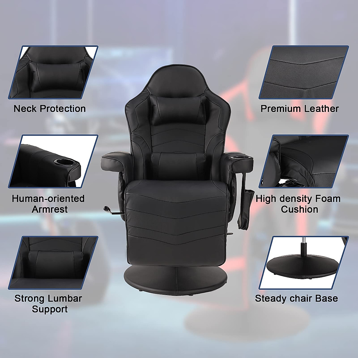 TITIMO Massage Gaming Chair,Ergonomic Adjusted Reclining Video Gaming Single Sofa, Pu Leather Chair with Footrest Headrest and Lumbar Support (Black)