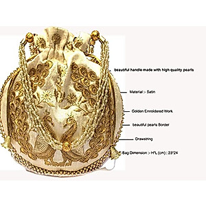 Indian Ethnic Designer Embroidered Silk Potli Bag Batwa Pearls Handle Purse Clutch Purse for Women Evening Party (White)