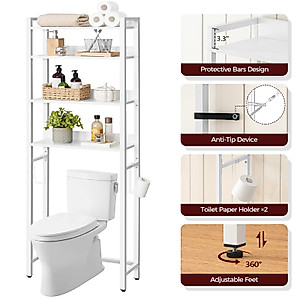 MAHANCRIS Over The Toilet Storage Rack, 4 Tier Bathroom Organizer Over Toilet, Freestanding Space Saver Toilet Stand with 2 Hooks, Bathroom Storage Shelf, Easy to Assemble, White TSBW0401