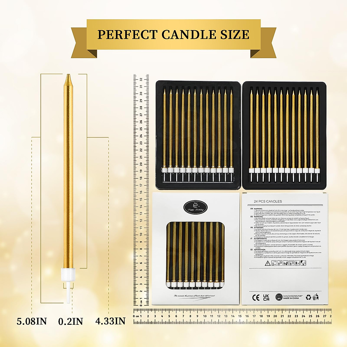 LITAUS, Cake Candles - Gold, 24 Count | Birthday Candles for Cake | Sparkler Candles for Birthday Cake | Happy Birthday Candles | Cake Candles for Cake Decorations, Birthday Parties, Weddings