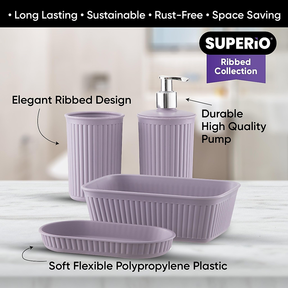 Superio Ribbed Collection - Decorative Plastic Bathroom Accessories Set, Lilac Purple (Set of 4) Soap Dish, Liquid Dispenser, Toothbrush Holder Cup, Vanity Organizer Tray - Bathroom Decor Gift
