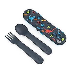 Bentgo® Kids Utensil Set - Reusable Plastic Fork, Spoon & Storage Case - BPA-Free Materials, Easy-Grip Handles, Dishwasher Safe - Ideal for School Lunch, Travel, & Outdoors (Dinosaur)