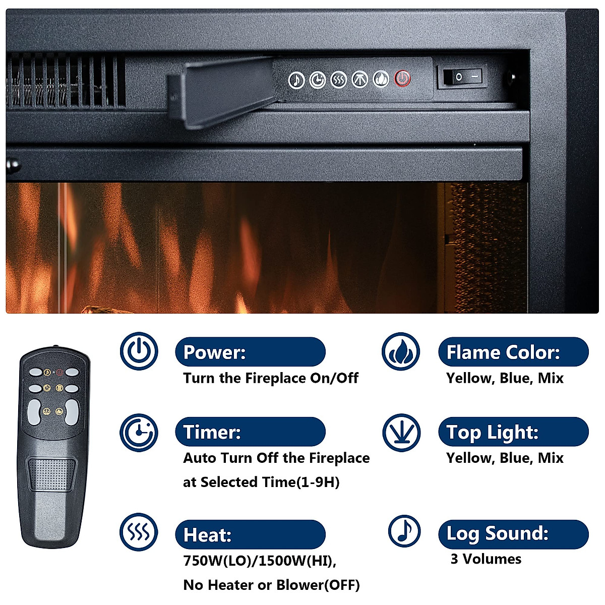 Velaychimney 30 Inches Electric Fireplace Insert, 750W/1500W Fireplace Heater with Adjustable Flame and Top Light Colors, Fire Crackling Sound, Remote Control, Timer, Glass Door & Mesh Screen, Black