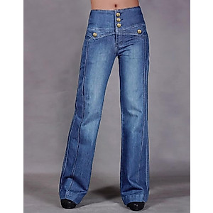 PLNOTME Women's High Waisted Straight Leg Jeans Loose Stretchy Trendy Denim Pants Blue