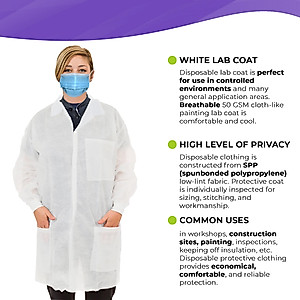 AMZ Disposable Lab Coats for Adults Medium, Spunbonded Polypropylene Medical Robes for Men and Women Pack of 10, Disposable Smocks 50 GSM, Lab Coats with Snaps, Folded Collar, Knit Wrists, 3 Pockets