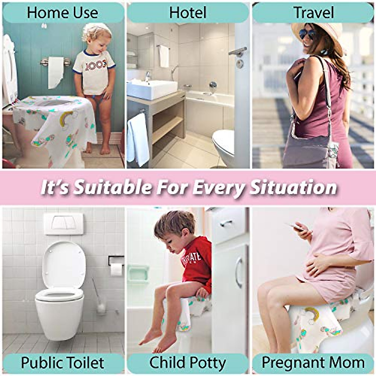 Disposable Toilet Seat Covers for Toddlers, Extra Large Individually Wrapped Unicorn Paper Potty Training Liners for Kids, Portable, Flushable with Non-Slip Adhesives, Potty Shields, Airplane & Travel