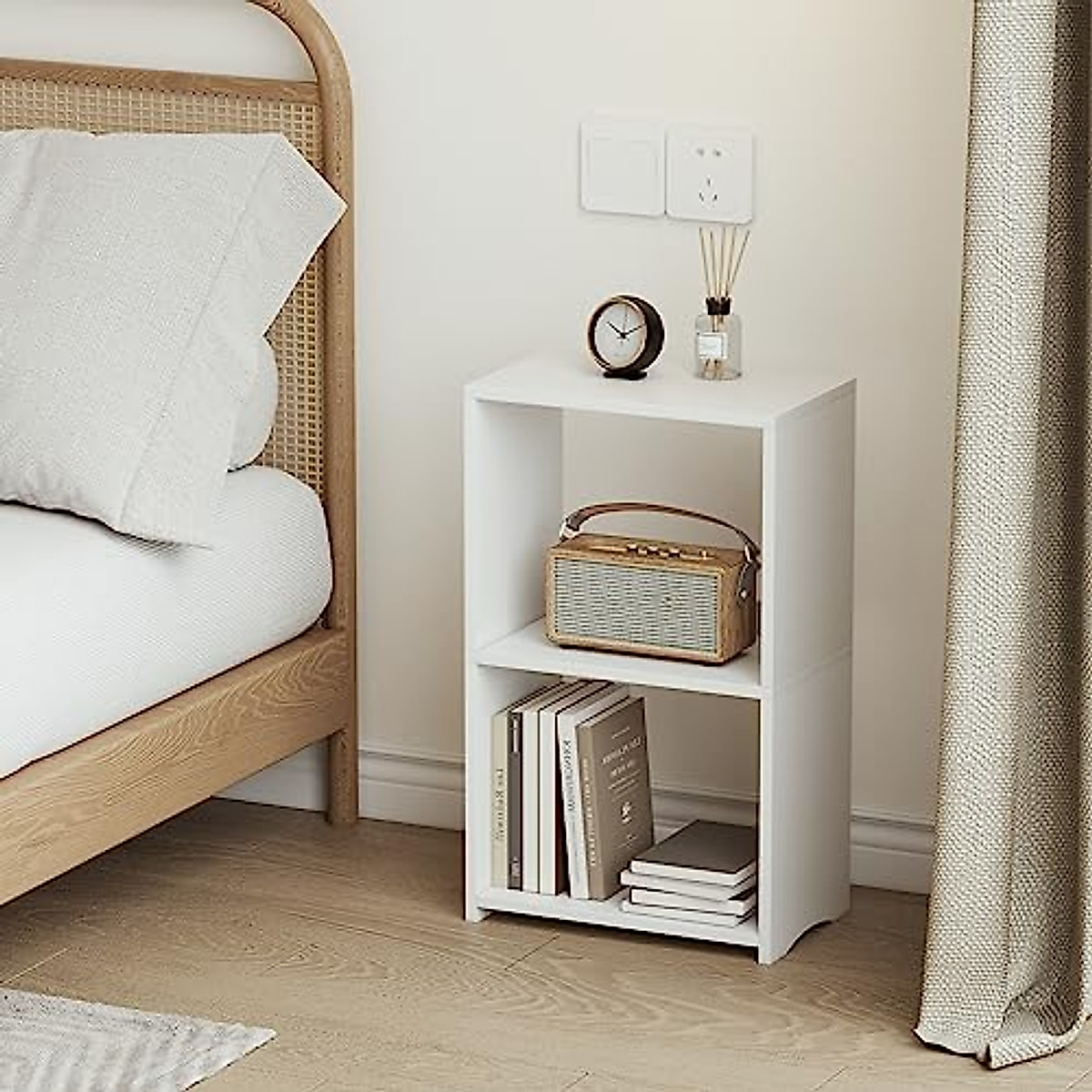 PIKPUK Side Table, Narrow End Table with Storage Shelf, Minimalist Bedside Tables Nightstand, Small Bookshelf Bookcase, Wooden Storage Shelves, Display Rack for Bedroom, Living Room, Office, White.