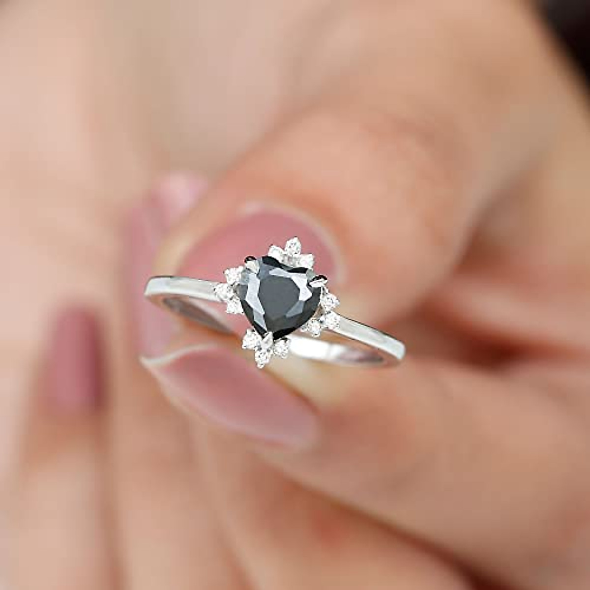 Certified Heart Shape Black Onyx Promise Ring with Diamond | AAA Quality | 6 MM Black Onyx | December Birthstone Ring, 14K White Gold, Size:US 6.00