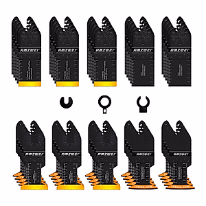 AMZWEI 50PCS Titanium Oscillating Tool Blades, Curved Edge Oscillating Saw Blades for Metal, Wood, Plastic, Quick Release Multi Tool Blades Compatible with Dewalt Milwaukee Ryobi Rockwell Fein