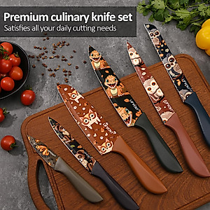 Kitchen Knife Set 6 Piece, Multi Color Cartoon Pattern Knives Set, Ergonomic Handles, Stainless Steel Knife, Knife Set without Block