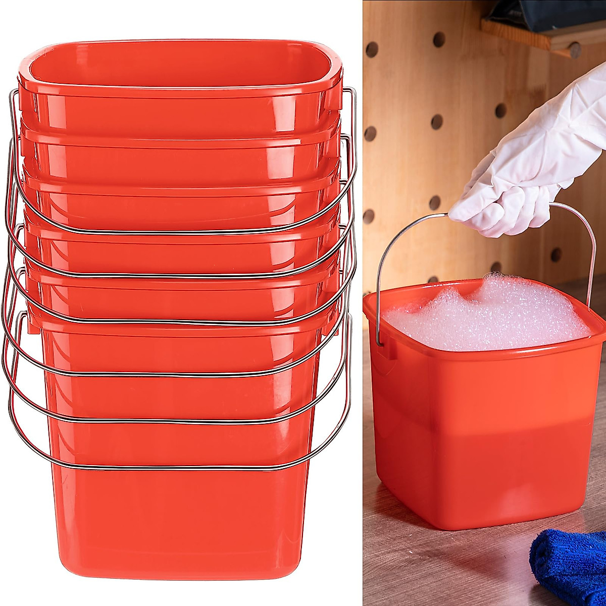 Zhehao 6 Pcs 3 Quart Cleaning Bucket Small Red Detergent Square Bucket Sanitizing Plastic Bucket with Handles Square Buckets Cleaning Bucket for Home, Offices, School, Commercial Use, Food Service