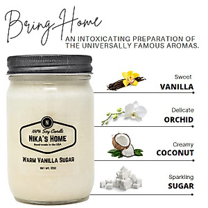 Nika's Home Vanilla Sugar Soy Candle 12oz Mason Jar Non-Toxic White Soy Handmade, Long Burning 50-60 Hours Highly Scented All Natural, Clean Burning Large Candle Gift Décor
