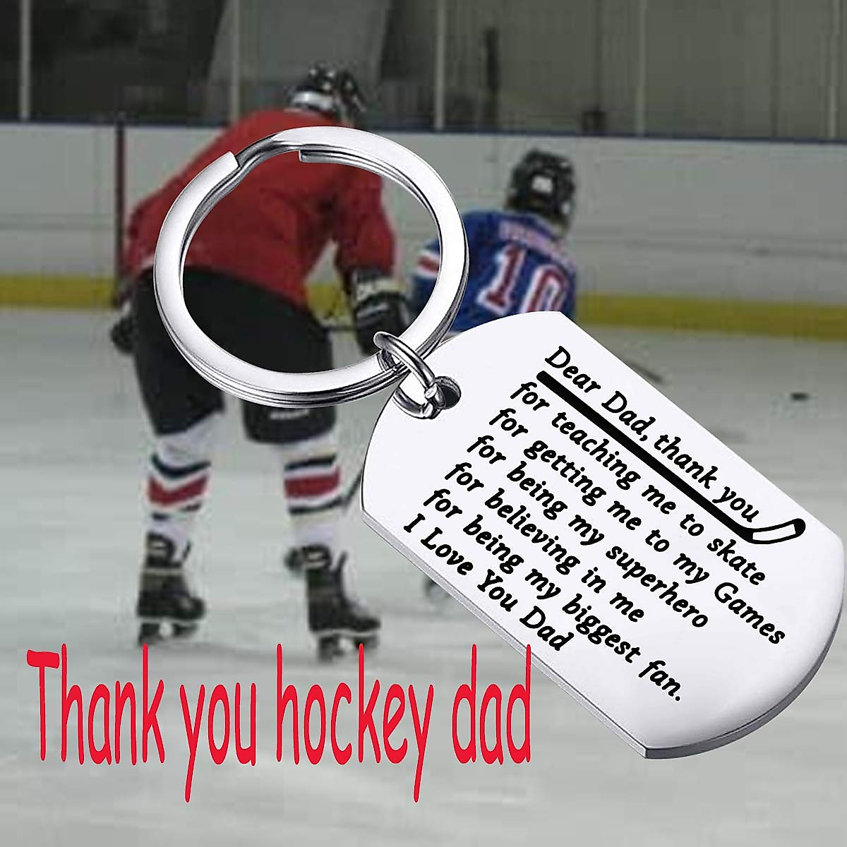 BEKECH Hockey Dad Gifts Ice Hockey Keychain Sport Dad Thank You Gift Dear Dad Thank You for Teaching Me to Skate Father's Day Hockey Gifts for Dad from Daughter Son(silver)