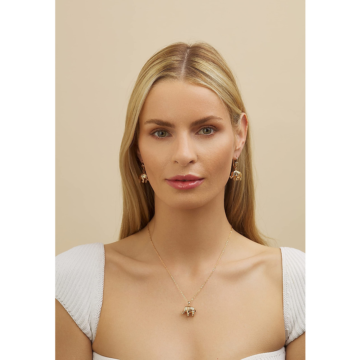 Barzel 18K Gold Plated Filigree Cutout Drop Elephant Earrings and Necklace Jewelry Set (Yellow Gold)