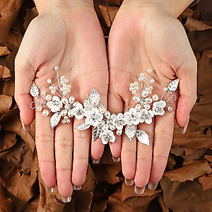 GORAIS Flower Bride Wedding Hair Vine Silver Pearl Bridal Headpiece Floral Leaf Hair Piece Hair Accessories for Women and Girls