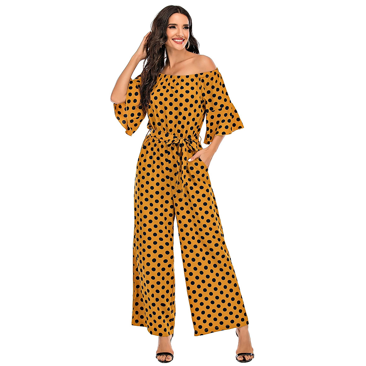Love Welove Fashion Jumpsuits for Women, Floral Off Shoulder Ruffled Short Sleeve High Waist Wide Leg Pants Romper Dressy
