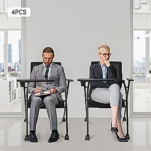 Tablet Arm Chair with Caster Wheels, Ergonomic Breathable Mesh Guest Nesting Stacking for Office School, Classroom, Training Conference, Waiting Room Black (with Desktop - 4pcs)