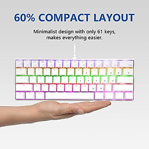RedThunder 60% Mechanical Gaming Keyboard, 61 Keys Ultra-Compact Wired Mini Keyboard, Rainbow RGB Backlight for Typist Laptop PC Mac Gamer (White, Red Switch)