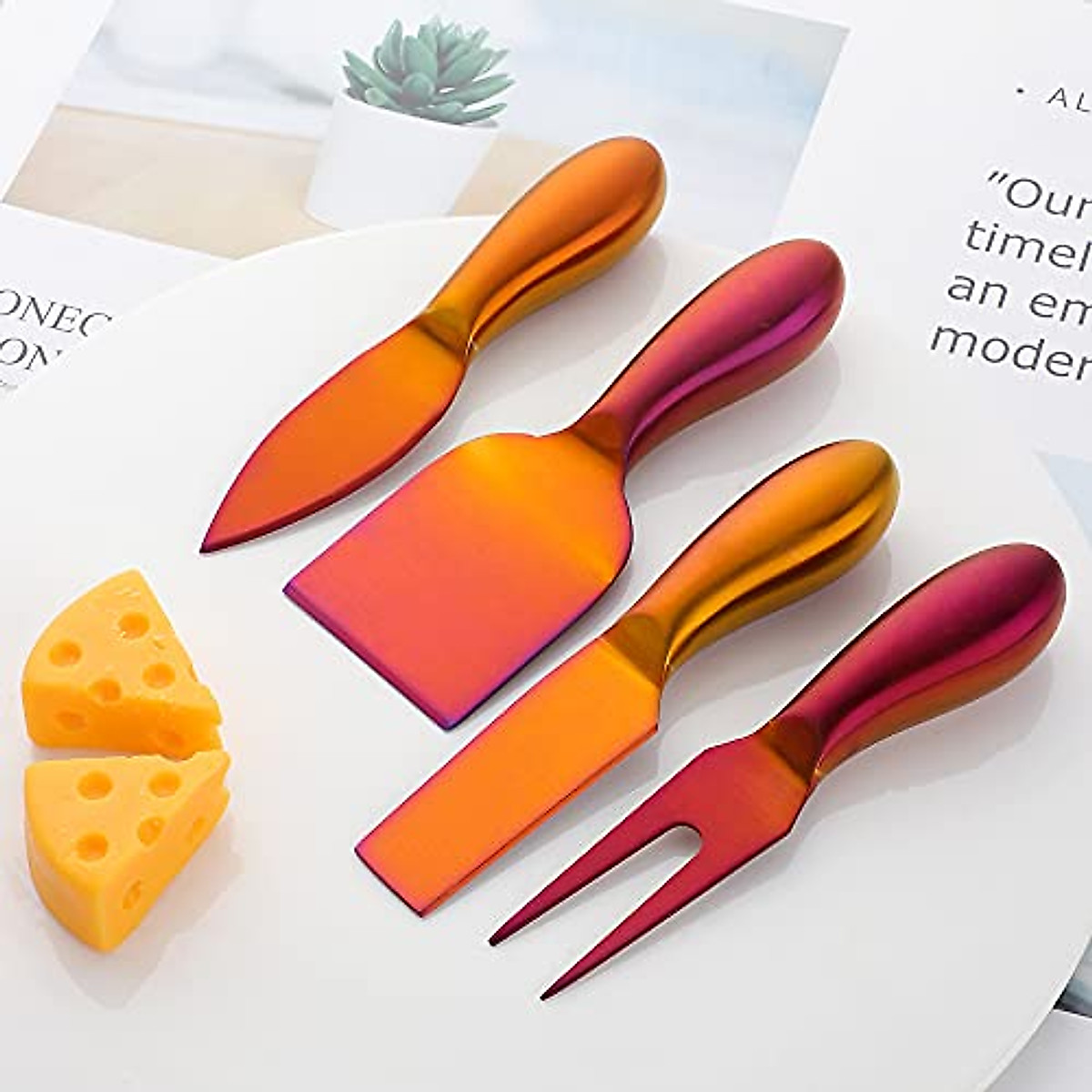 Buyer Star 4 Pack Cheese Knife Set, Stainless Steel Butter Spreader Knives Set in Gift Box, Rainbow Red