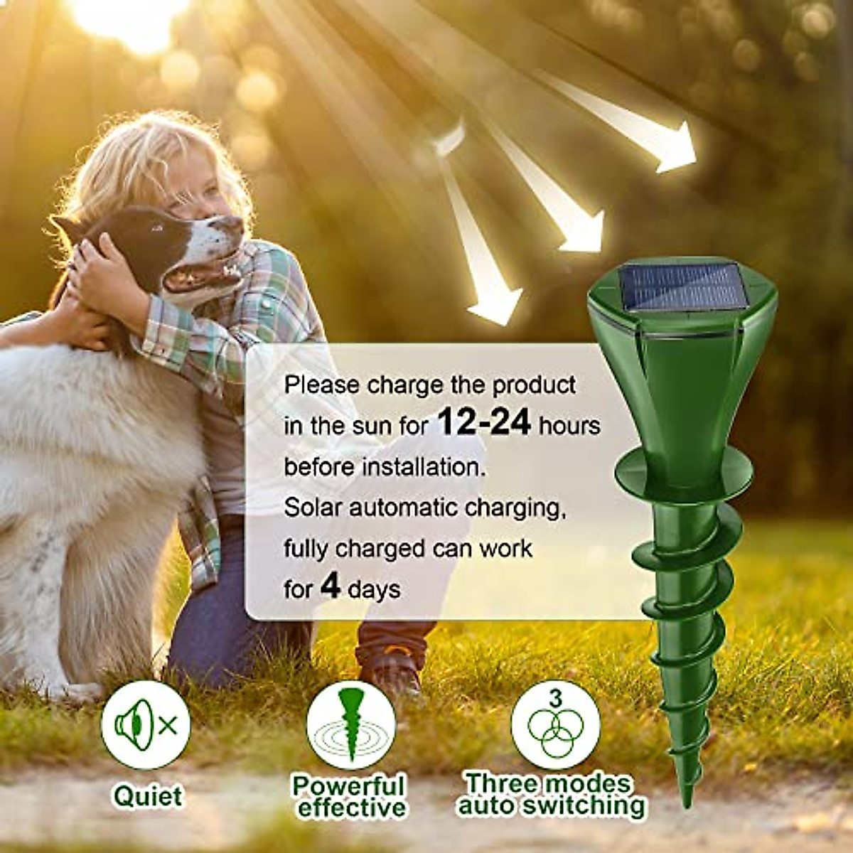 Qualirey Mole Repellent Screw Solar Powered Ultrasonic Groundhog Repeller Mole Deterrent Spikes Snake Vole Gopher Armadillo Repellent Groundhog Deterrent Vibration Stake for Lawn Garden Yard (4 Pack)