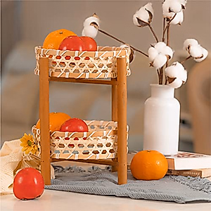 LiLaCraft 2-Tier Fruit Basket Removable Wicker Bamboo Serving Standing Trays, Tiered Serving Stands for Parties, Picnics, Kitchen, Serving Stands for Food Storage, Fruit and Dessert Holder