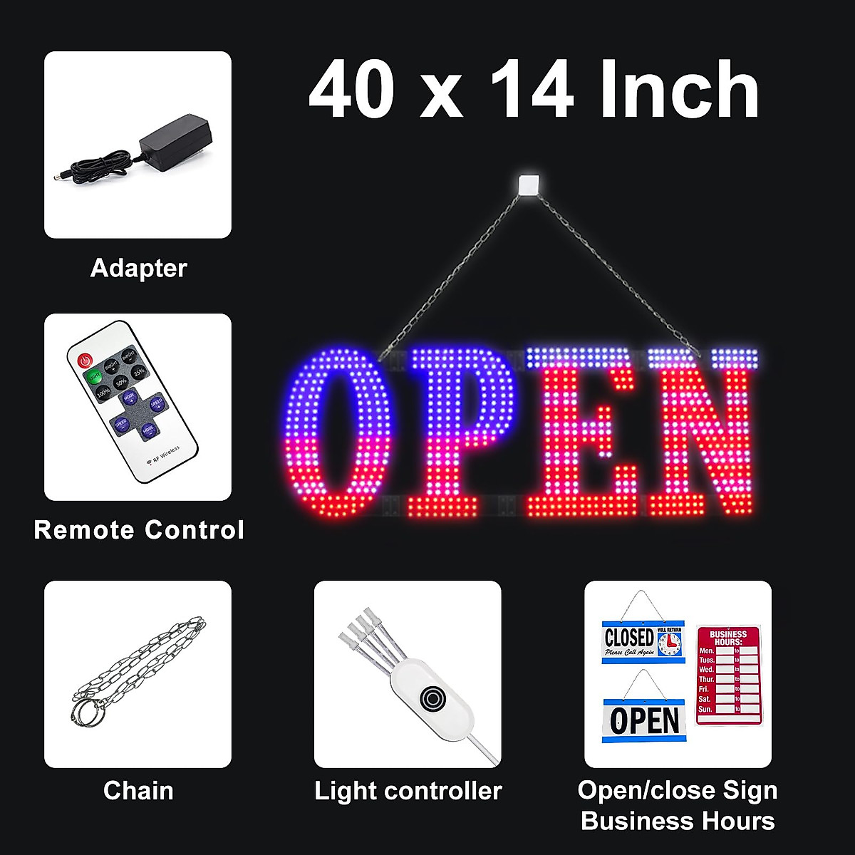 Flashing USA Flag Open Sign, 40"x14" Large Led Open Sign with 14 Scene Modes, Open Sign for Business with Hanging Installation, Ultra Bright Open Sign for Boutique, Stores, Bar, and More