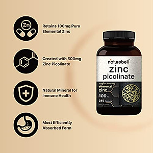 High Potency Zinc Picolinate 100mg - 240 Capsules, Bioavailable Form of Zinc for Immune Support and Skin Health - Non-GMO and Gluten- Zinc Supplements