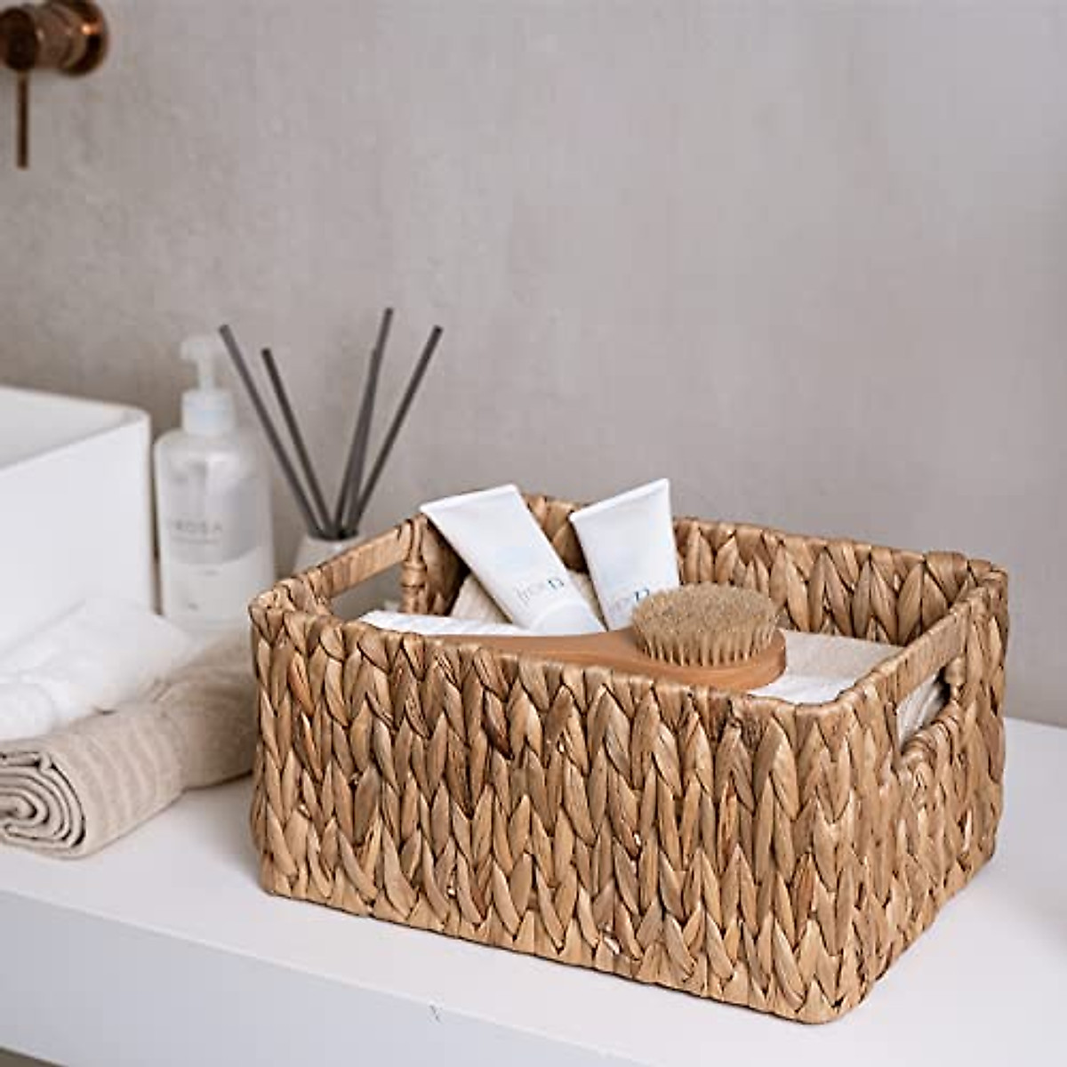 FairyHaus Wicker Baskets 15x11x7" & 13.4x9.5x6.5", 2 Pack Handmade Big Wicker Storage Basket with Handles, Natural Water Hyacinth Wicker Baskets for Storage Shelves Organizing, Rectangle Wicker Basket