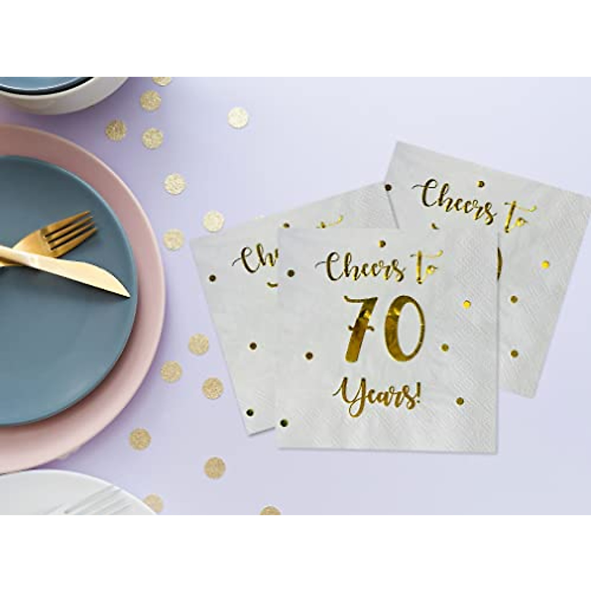 Cheers to 70 Years Cocktail Napkins | Happy 70th Birthday Decorations for Men and Women and Wedding Anniversary Party Decorations | 50-Pack 3-Ply Napkins | 5 x 5 inch folded (White)