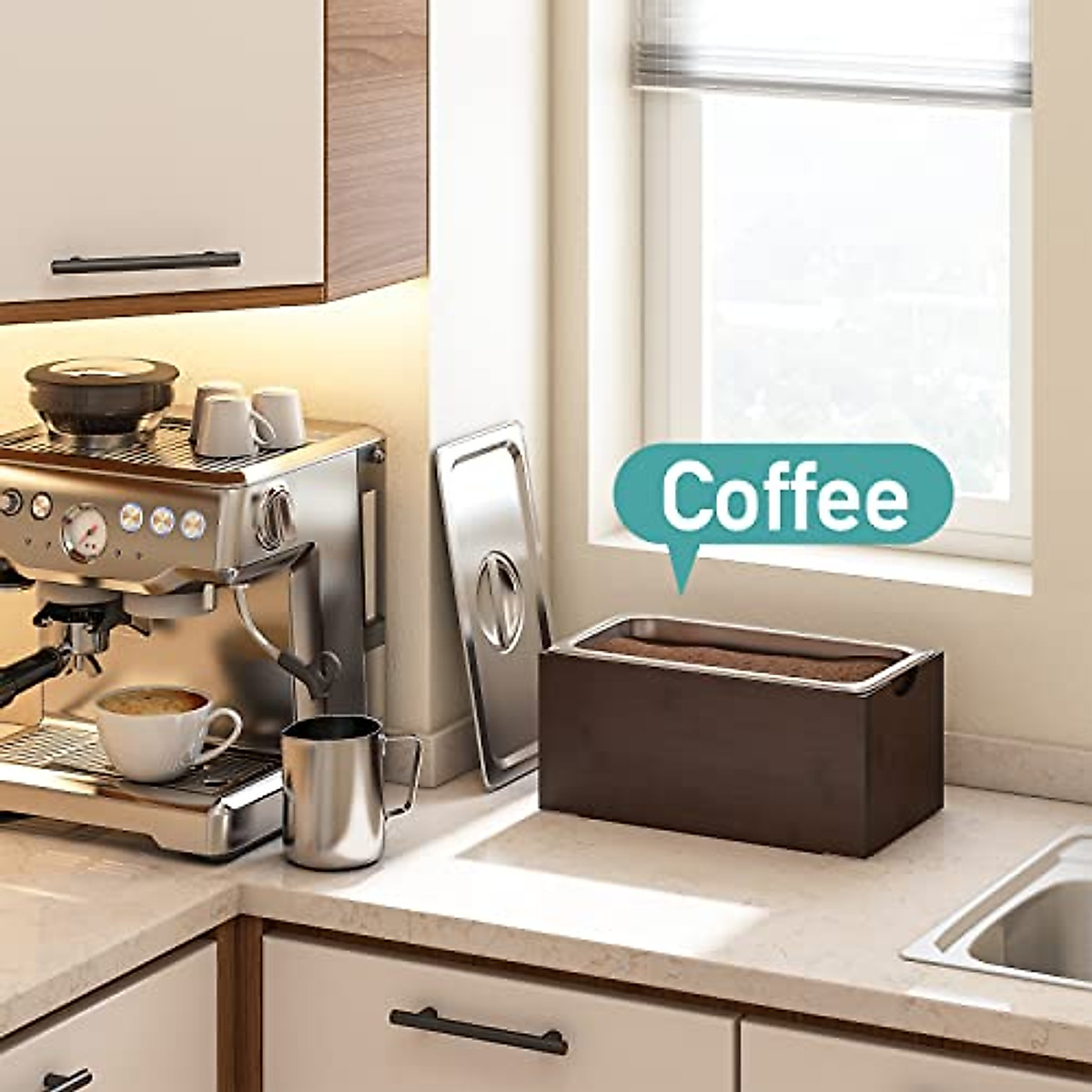 Compost Bin Kitchen, 1.6 Gal-Kitchen Compost Bin Countertop, Rust Proof Stainless Steel Insert, Countertop Compost Bin with Lid, and Bamboo Wood Box- Large Compost Bin Kitchen