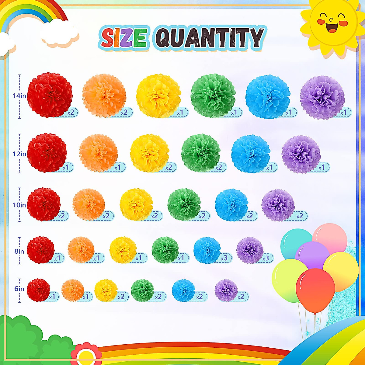 Estune 48 Pcs Tissue Paper Pom Poms 14''/ 12''/ 10''/ 8''/ 6'' Tissue Paper Flowers Decorations for Wedding Birthday Bridal Shower Baby Shower Decor (Rainbow)