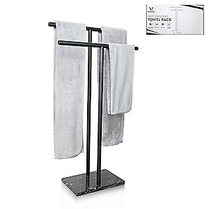 WISATO - Free Standing Towel Rack for Bathroom - Stand Alone 2 Tier Stainless Steel Towel Rack for Bathroom Floor with Heavy Marble Base & Matte Black Finish - Double T Shape Drying Stand for Towels