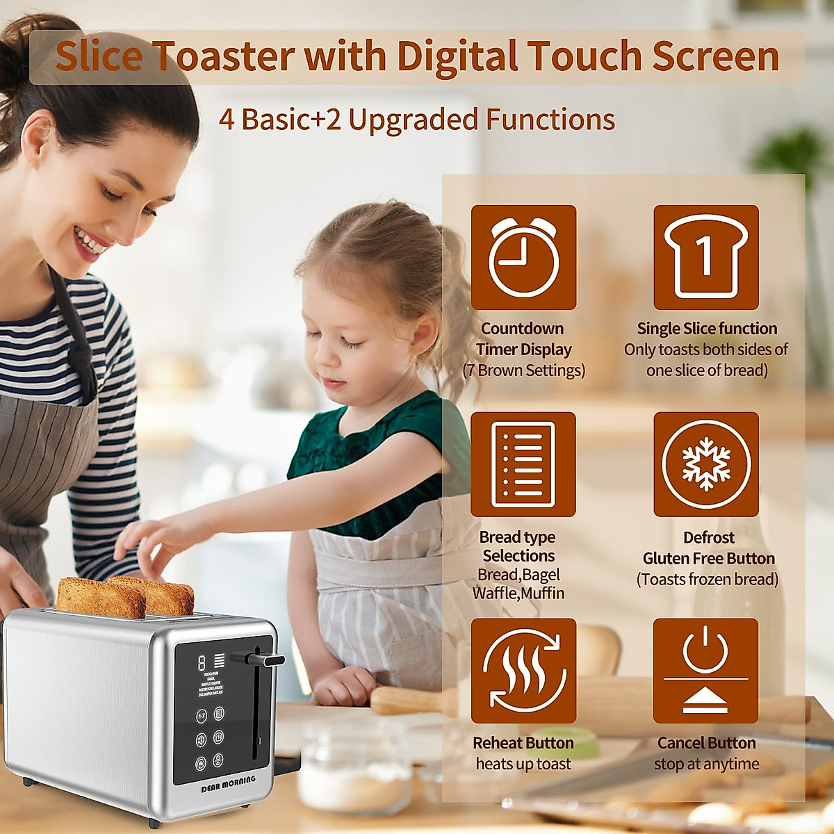 Smart Toaster Digital Tuch Screen Toaster with 5 Bread Selection 7 Shade Setting and Bagel/Defrost/Cancel/Reheat Function 1.5” 2 Slice Stainless Steel Toaster with Removable Crumb Tray