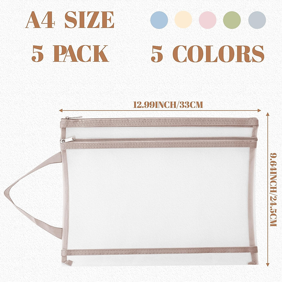 5 Pack Colored Mesh Zipper Pouch Bags, Storage & Organization, Breathable See Through A4 Zipper Pouch with Handle