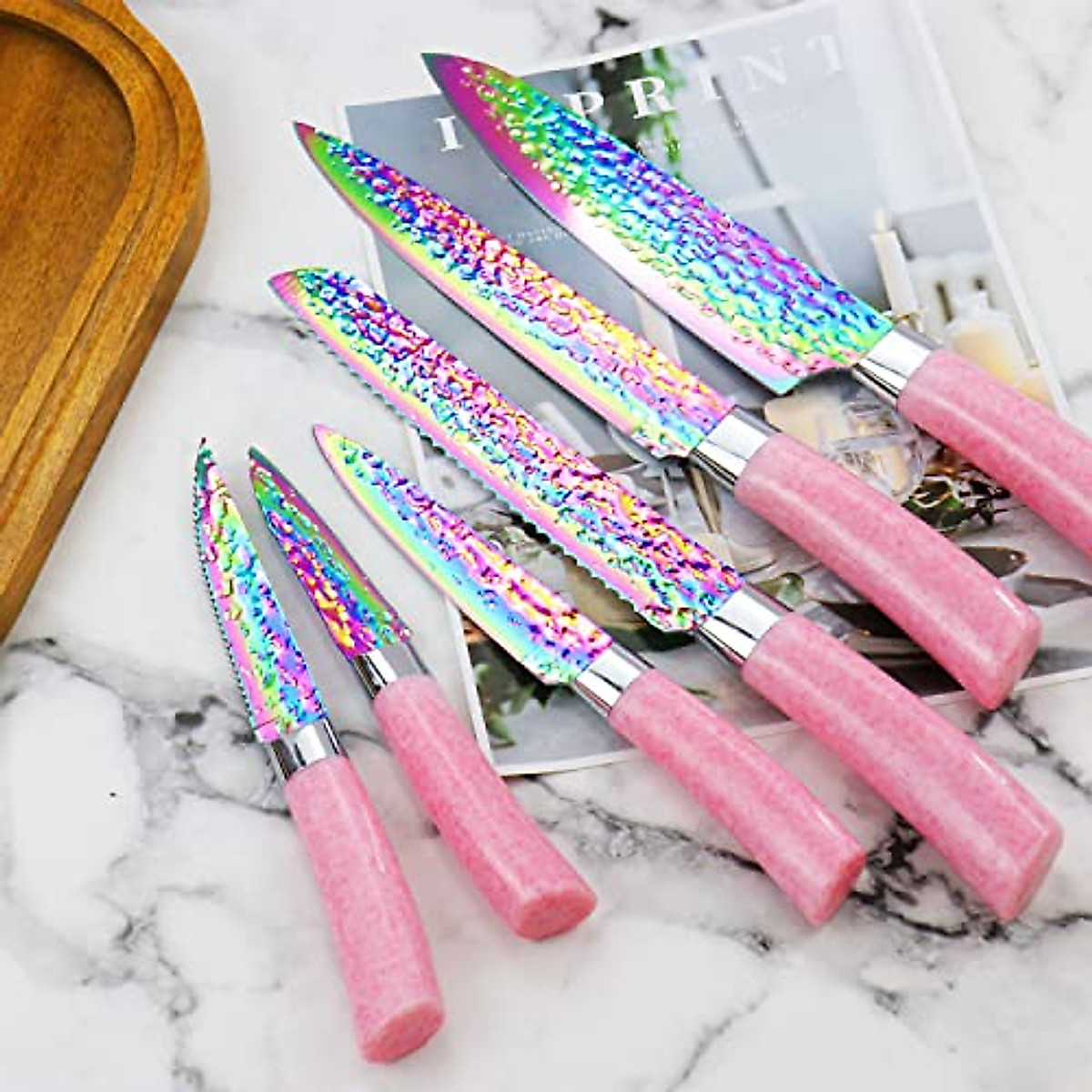 Rainbow Titanium Knife Set, Non Stick Thick and Sharp Stainless Steel Kitchen Knives Set with Acrylic Block, 15 Pcs Cutlery Knives Block Set, Chef Quality for Home & Pro Use, Best Gift, Pink Color