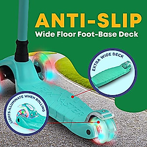 Kids Scooter – Children and Toddler 3 Wheel Kick Scooter – LED Wheel Lights Illuminate When Rolling– Adjustable Handlebar – Indoor and Outdoor Teal - Lifemaster