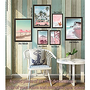 6 Set Large Beach Wall Art for living Room Bathroom Pink and Blue Seascape Themed Picture Poster Print Wall Decor Beach Chairs Starfish Surfboard Palm Tree for Teens Girl Home Decorations Unframed