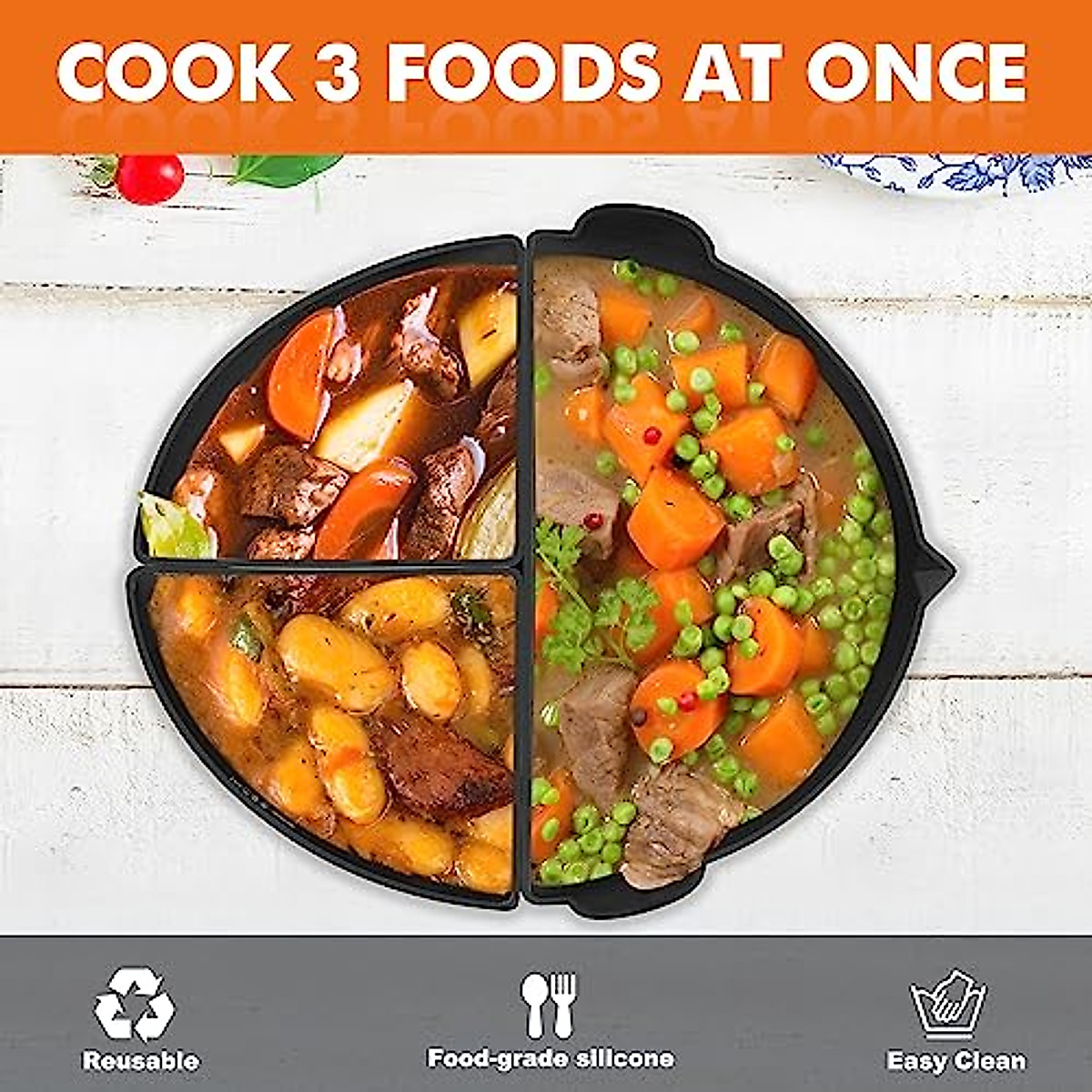 LARMAZEN Slow Cooker Liners for 6 – 8 QT Crockpot & Hamilton Pot, Allows Cooking 3 Foods At Once,Reusable Silicone Slow Cooker Divider Insert,Leakproof/Dishwasher Safe/BPA Free (Black)