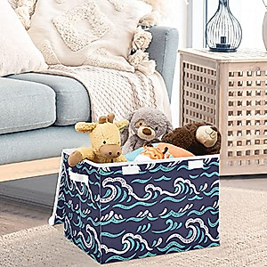 CaTaKu Sea Waves Dark Blue Storage Bins with Lids Fabric Large Storage Container Cube Basket with Handle Decorative Storage Boxes for Organizing Clothes Shelves