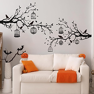 2 Sheets Halloween Wall Decals Gothic Wall Decals Removable Raven Wall Stickers Black Crow Cage Decorations for Gothic Double Sided Design PVC Wall Art Decal for Living Room Wall Room Decor