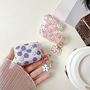 MINSCOSE Compatible with AirPods Pro Clear Case,Cute Cartoon Flower Pattern Design with Floral Keychain, Soft TPU Protective Shockproof Case for AirPod Pro for Girls Women-Pink