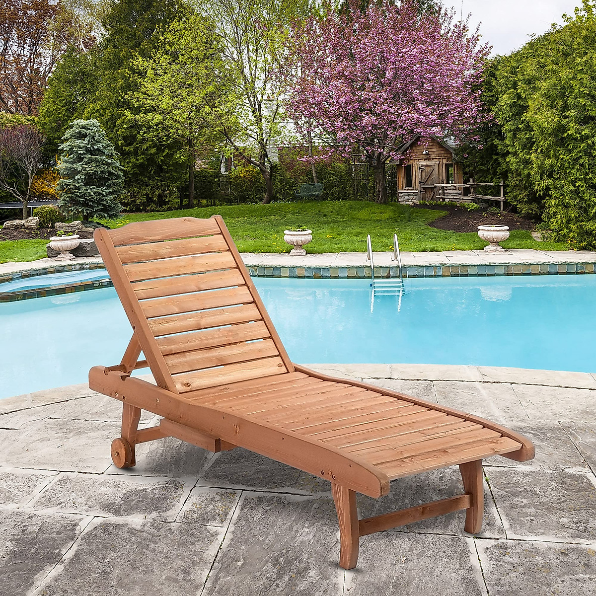 Outsunny Chaise Lounge Chair Outdoor Wooden Pool Lounge Chair with 3-Level Adjustable Backrest, Built-in Table and Rolling Wheels, Sun Tanning Chair for Beach Poolside Sunbathing, Brown Red