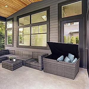 glitzhome Patio Wicker Storage Trunk with Lid, 140 Gallons Overside Outdoor Oversized All-Weather Cushion Storage Deck Box for Garden Tools, Pool Toys, Grey