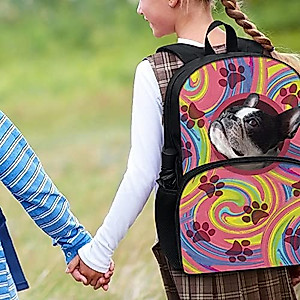 Allcute Girls Lightweight Cute Dog Paw Bulldog Print Backpack for School Teens Student Large Capacity Padded Back Laptop Bookbag 17 Inch Boys Kids Durable Daypack with Front & Side Pocket