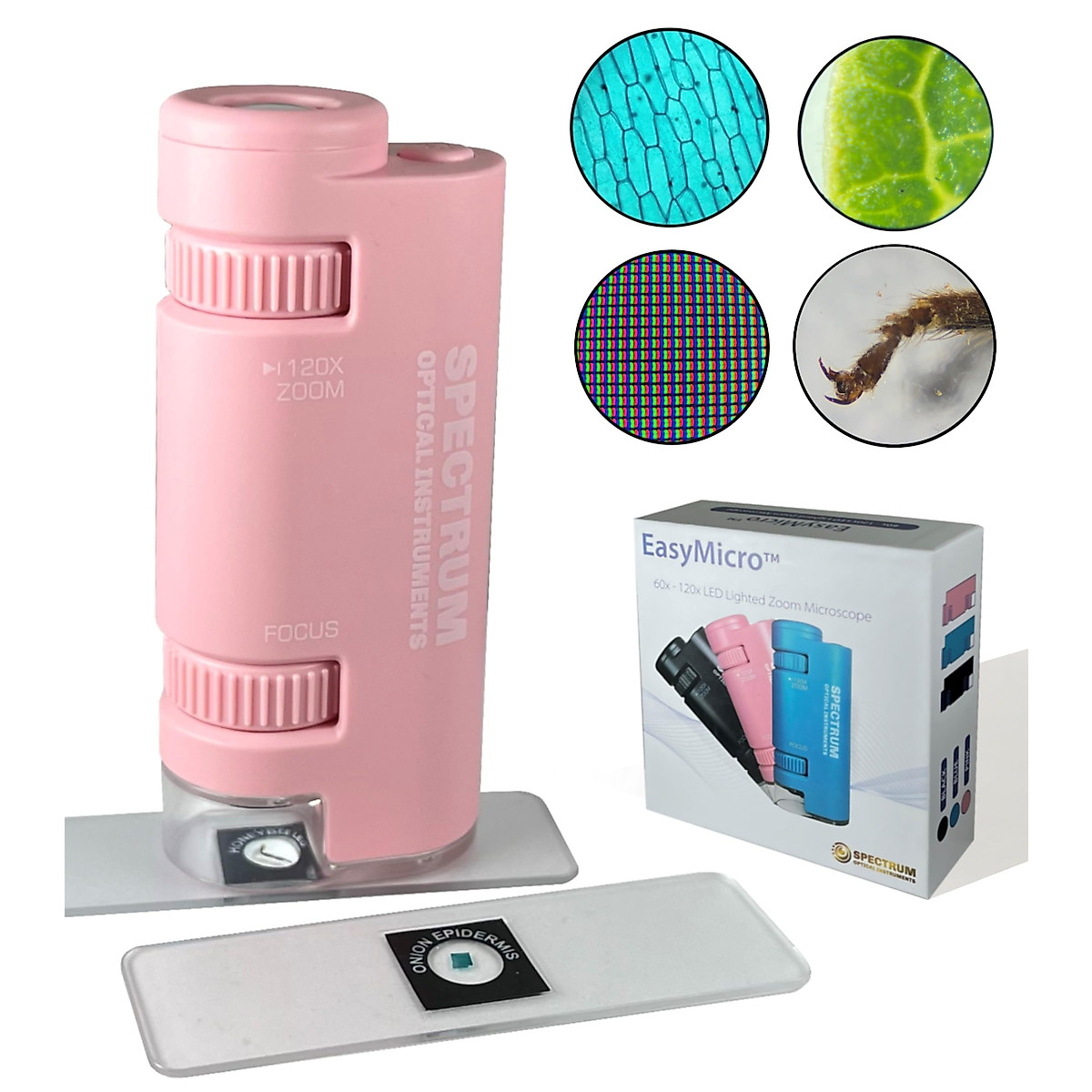 EasyMicro 60x-120x LED Lighted Zoom Microscope (Pink) - 2X Bonus Sample Slices and Protective Bag - Spectrum Optical Instruments